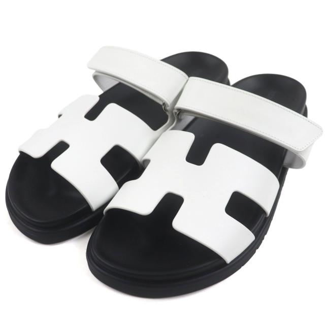 未使用品▼HERMES エルメス シプレ レザー Hロゴ ロゴ刻印入り ストラップ付き スライドサンダル ホワイト 40 箱・保存袋付 伊製 メンズ