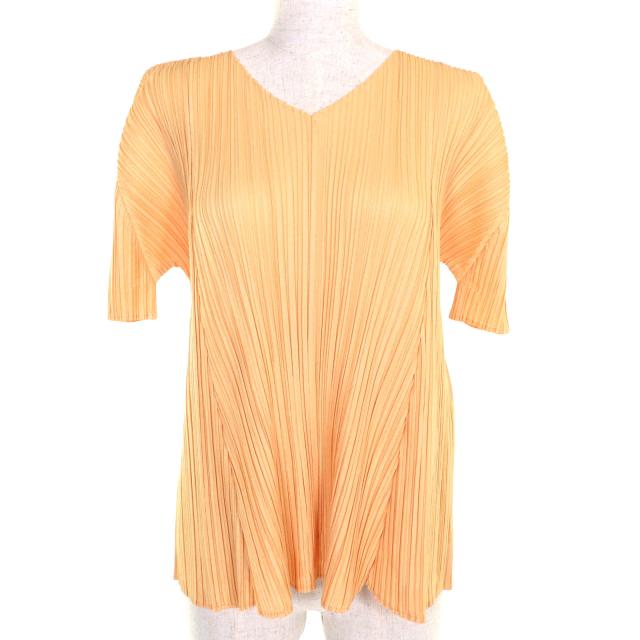 極美品★PLEATS PLEASE プリーツプリーズ イッセイミヤケ 22SS PP21-JK281 Vネック プリーツ 半袖 カットソー オレンジ 3 日本製 正規品