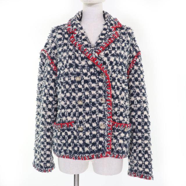 極美品☆CHANEL シャネル P70340K10023 リネン コットン ココボタン ツイード ジャケット ネイビー系 36 イタリア製 レディース