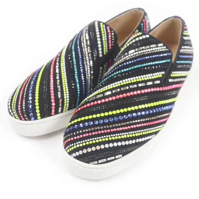 未使用品□Christian Louboutin クリスチャンルブタン BOAT RAYS スウェードレザー ラインストーン スリッポン ブラック 40 イタリア製