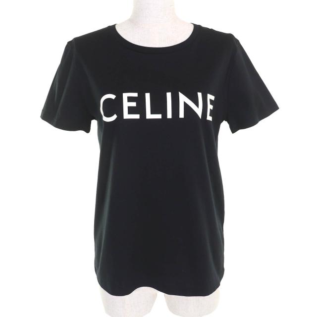 未使用品△CELINE セリーヌ 2X314916G コットン100％ ロゴ クルーネック 半袖Ｔシャツ ブラック ホワイト S 伊製 正規品 レディース