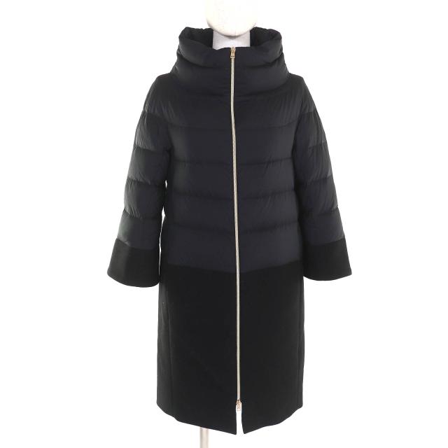美品△Herno ヘルノ 2018年製 PI0832D ロゴプレート ウール切替 スタンドカラー 八分袖 ダウンコート ブラック38 伊製 正規品 レディース