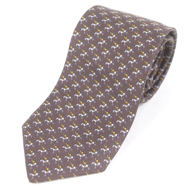 極美品□HERMES エルメス 625657 シルク100％ Jockey&Toy Horse 総柄 レギュラータイ ネクタイ ブラウン 箱付き フランス製 メンズ