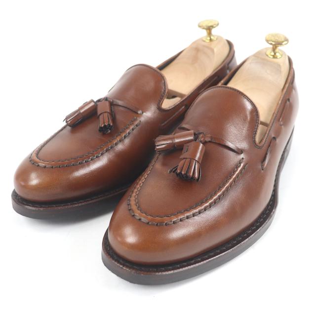 美品□Jalan Sriwijaya ジャランスリワヤ EDWARD Uステッチ レザー タッセルローファー モカシン フラットシューズ ブラウン 7.5 メンズ