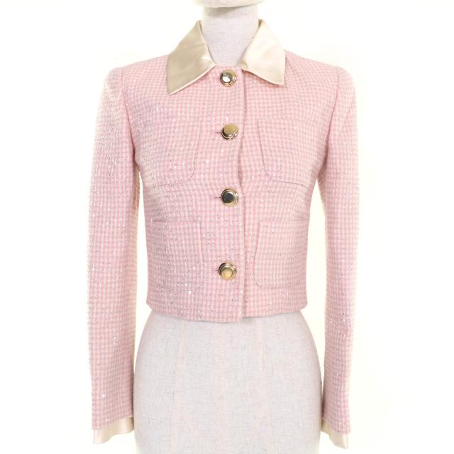 極美品☆MIUMIU ミュウミュウ 2021年製 MH1732 クロップド丈 スパンコール装飾 ツイード ジャケット ピンク 36 伊製 正規品 レディース