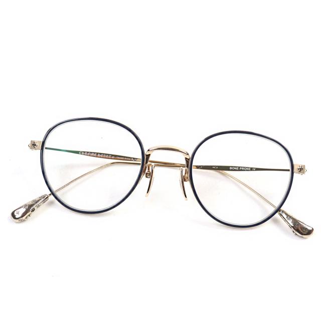 良品○CHROME HEARTS クロムハーツ BONE PRONE CHクロス ボストンシェイプ メガネ 眼鏡 アイウェア ゴールド ネイビー デモレンズ 日本製