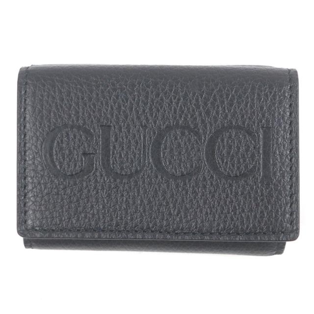 未使用品□GUCCI グッチ 736151 レザー エンボスロゴ コンパクトウォレット 三つ折り財布 ブラック 箱・保存袋付き イタリア製 メンズ