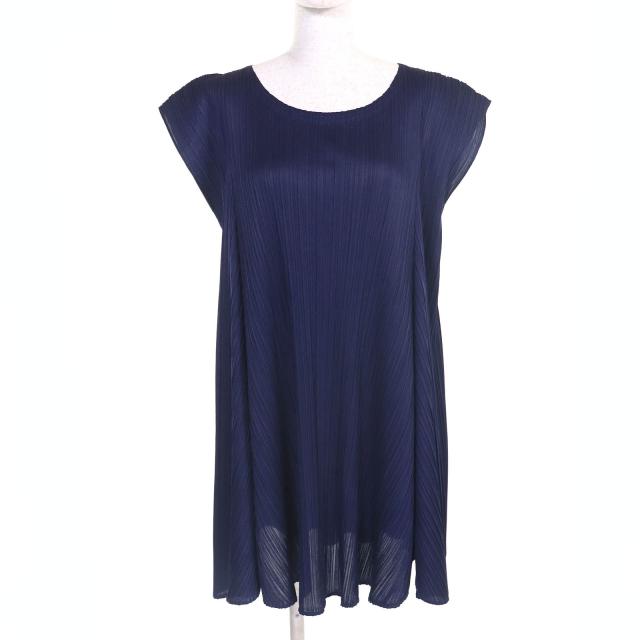 極美△PLEATS PLEASE プリーツプリーズ イッセイミヤケ PP61-JT574 キャップスリーブ デザイン チュニック ワンピース ネイビー 3 正規品