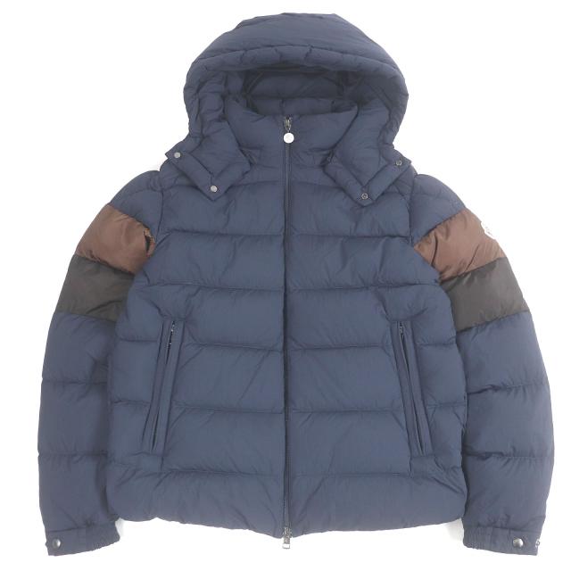 美品□MONCLER モンクレール 24-25AW ENZIAN GIUBOTTO ロゴワッペン フーデッド ダウンジャケット ネイビー ブラウン 2 正規品　メンズ