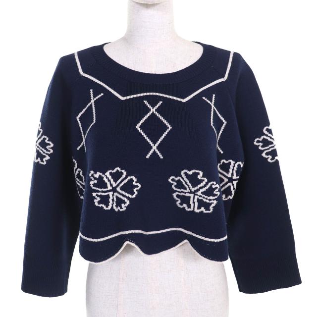 極美品△Christian Dior クリスチャンディオール 6E24579AM509 ウール クローバー 裾スカラップ 長袖 クロップド ニット 44 正規品