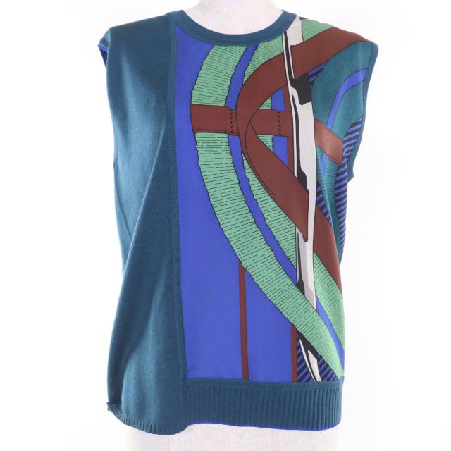 極美品☆HERMES エルメス シルク100％ ウール ツイルレーヌ ノースリーブニット トップス ブルーグリーン 38 伊製 正規品 レディース