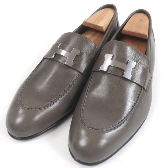 未使用品□HERMES エルメス レザー パリ コンスタンス Hロゴ シルバー金具 Uチップ ローファー チャコール系 41 イタリア製 メンズ