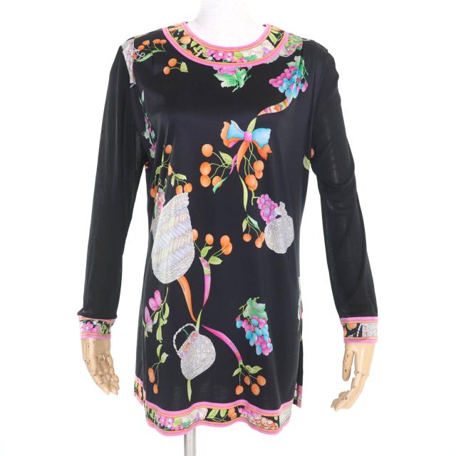 美品★LEONARD FASHION レオナール ファッション コットン100％ 花柄 袖シースルー切替 ワンピース チュニック ブラック L 日本製