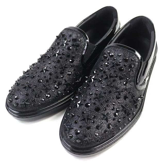 極美品○JIMMY CHOO ジミーチュウ GROVE エナメル スタースタッズ グリッター スリッポン ブラック 42 箱・保存袋付 イタリア製 メンズ