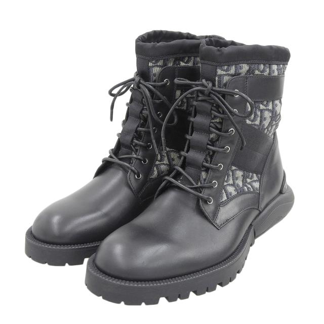 未使用品▲DIOR ディオール オム レザー キャンバス オブリーク ハイトップ コンバット  ショートブーツ ブラック 41 イタリア製 メンズ