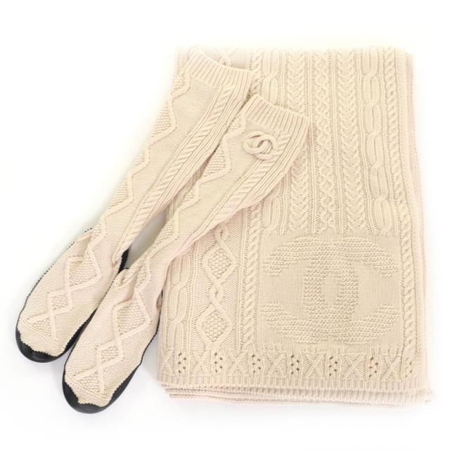 極美品△CHANEL シャネル 2022年製 G22 カシミヤ100％ ココマーク ニット ブランケット ルームシューズ 2点セット ベージュ ブラック