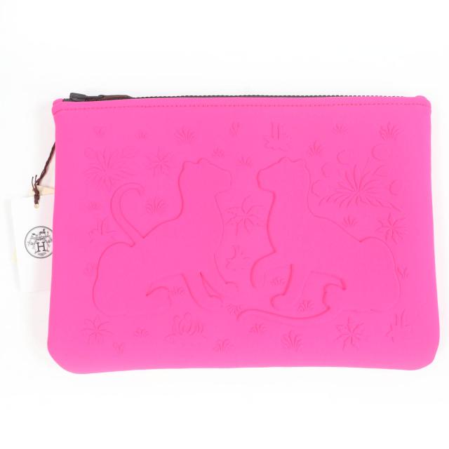 未使用品☆HERMES エルメス ネオバン トゥルースフラットMM ブラック金具 チーター 猫 ZIPポーチ ピンク 箱付き フランス製 レディース