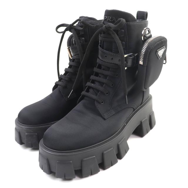 美品★PRADA プラダ 1T549M モノリス ポーチ付 トライアングルロゴ Re-Nylon レースアップ ショートブーツ ブラック 35.5 イタリア製