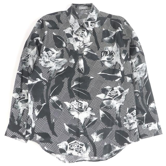 極美品□DIOR ディオール オム 013C501E4796 シルク100% ロゴエンブロイダリー 刺繍 バラ 長袖シャツ ブラック 39 イタリア製 正規品
