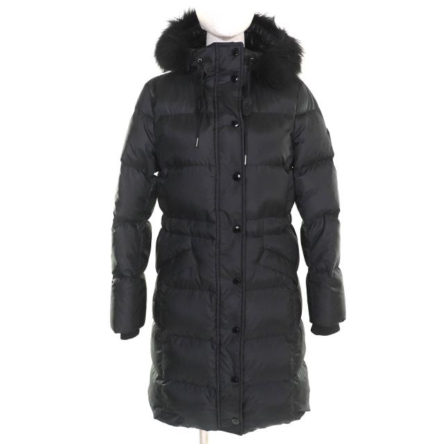美品△COACH コーチ E1602-10792 レザーロゴパッチ ファー・フード付き ジップアップ ダウンコート ブラック XS 正規品 レディース