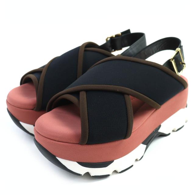 極美品△MARNI マルニ SAMA002708 レザー使い クロスストラップ 厚底 サンダル ブラック ピンク 37 保存袋付き イタリア製 レディース