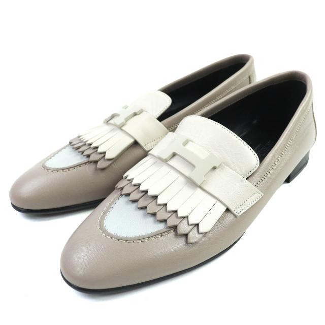 未使用品△HERMES エルメス 232136Z ロワイヤル Hロゴ モカシン レザー ローファー ベージュ系 36 保存袋付き イタリア製