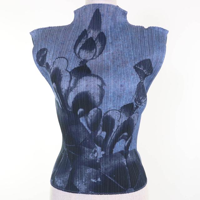 極美品◇PLEATS PLEASE プリーツプリーズ イッセイミヤケ PP84-JK230 蓮水墨画 ボトルネック カットソー ブルー 4 日本製 正規品