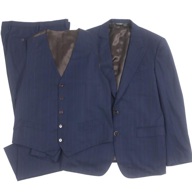 良品▼ドルチェ＆ガッバーナ アルタサルトリア G1ITMX 裏シルク70% 黒タグ ストライプ ピークドラペル 3ピース シングルスーツ 48 正規品