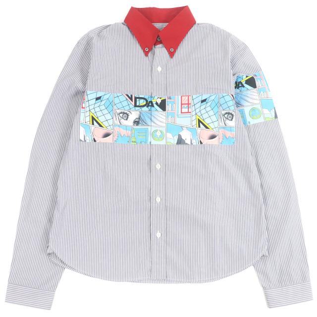 極美品□PRADA プラダ UCN167 コットン100％ ストライプ コミックデザイン ロングスリーブ 長袖シャツ グレー M イタリア製 正規品
