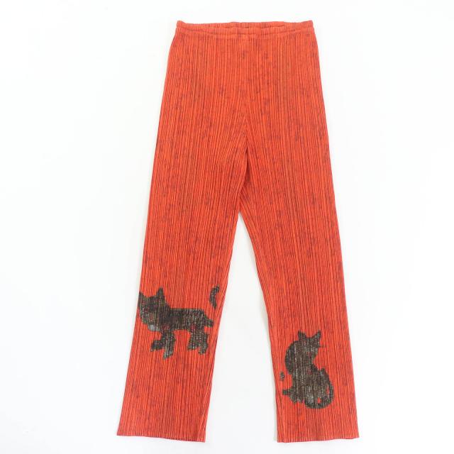 美品◇PLEATS PLEASE プリーツプリーズ イッセイミヤケ PP83-JF745 ヴィンテージ 98s 虎 猫 民画 パンツ オレンジ 4 日本製 正規品