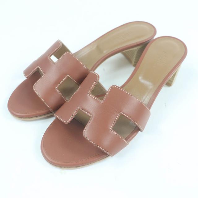 未使用品◇HERMES エルメス 071002Z オアジス Hロゴ レザー サンダル ミュール ブラウン 36.5 箱・保存袋付き イタリア製 レディース