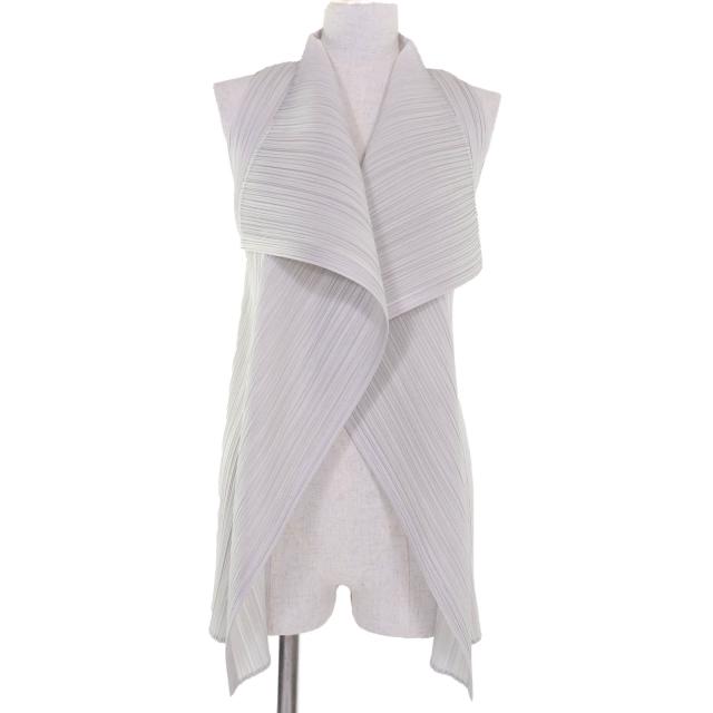 極美品☆PLEATS PLEASE プリーツプリーズ イッセイミヤケ PP31-JE182 フロントオープン ベスト ライトグレー 3 日本製 正規品 レディース