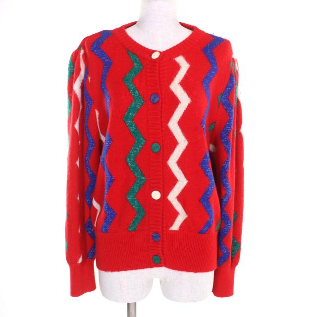 極美品★YVES SAINT LAURENT イヴ・サンローラン ヴィンテージ ウール100％ ロゴボタン付 ジグザグ ラメ入り カーディガン 赤 M 正規品
