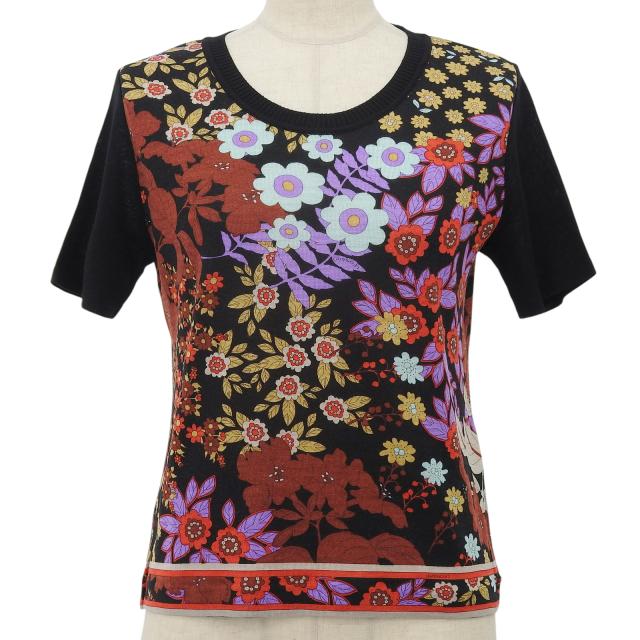 美品▲LEONARD FASHION レオナール ファッション シルク混 フラワープリント クルーネック 半袖ニット ブラック マルチ M 日本製 正規品