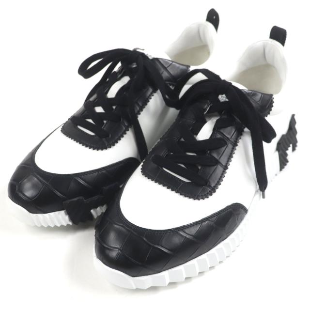 極美品▼HERMES エルメス 995336 バウンシング クロコダイル レザー スニーカー ホワイト ブラック 42 箱付き メンズ 　参考定価600000円