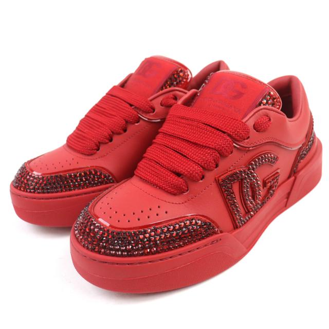 未使用品△DOLCE&GABBANA ドルチェ＆ガッバーナ CK2228 AQ067 ロゴ ラインストーン レースアップ レザー ローカットスニーカー レッド 35