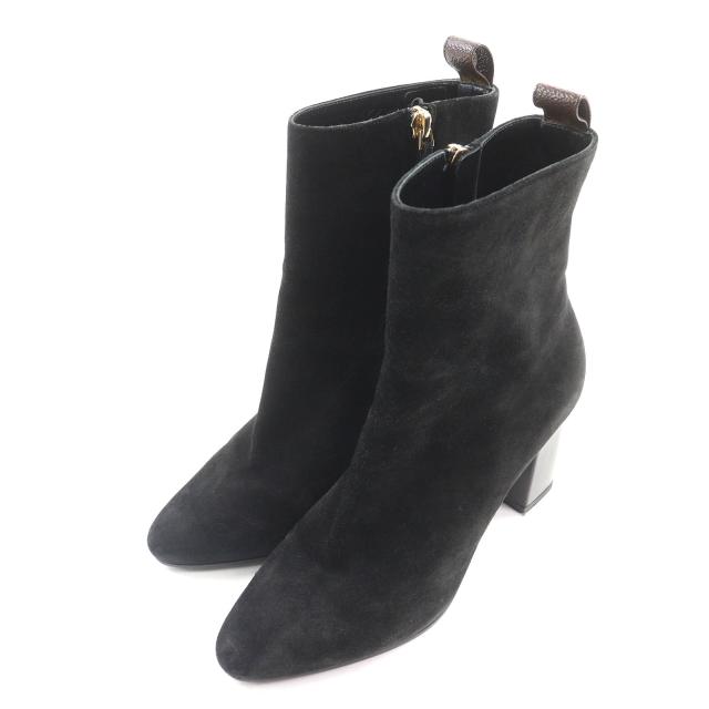 良品◇LOUIS VUITTON ルイヴィトン ドナ・ライン スウェードレザー モノグラム LVロゴ付き サイドジップ ショートブーツ 黒 36.5 伊製