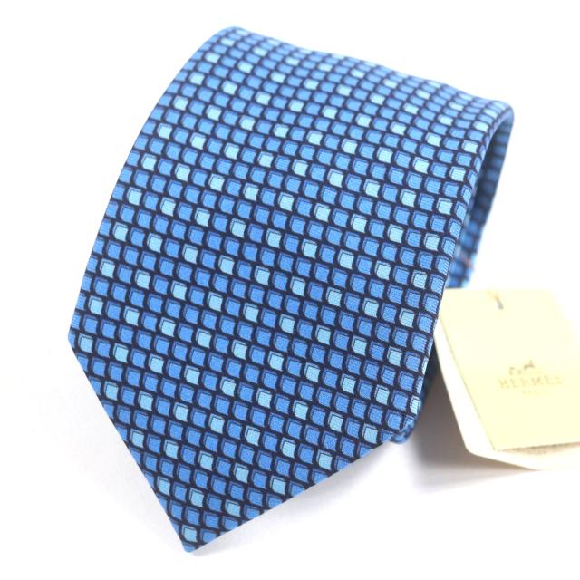 未使用品▼HERMES エルメス 645756 CRAVATE HEAVY TWILL シルク100% MARINE/BLEU MOYEN/CIEL 　総柄 ネクタイ 箱付き フランス製 メンズ