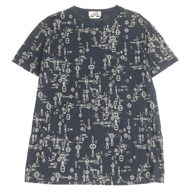 極美品□HERMES エルメス シェーヌダンクル 総柄 クルーネック 薄手 カットソー 半袖Ｔシャツ グレー系 L イタリア製 正規品 メンズ