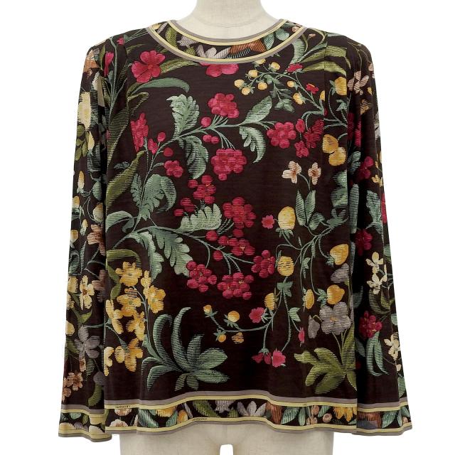 極美品▲LEONARD FASHION レオナール ファッション ウール シルク混 花柄 長袖 カットソー ブラウン マルチ LL 日本製 正規品 レディース