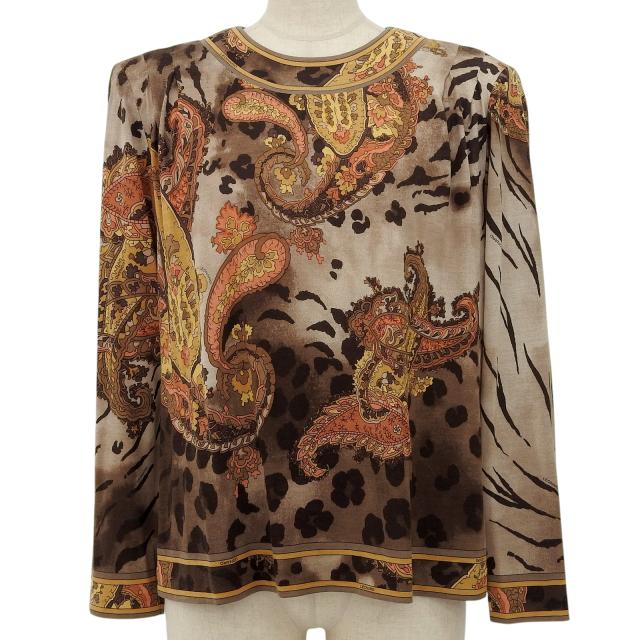 極美品▲LEONARD FASHION レオナール ファッション ウール シルク混 ペイズリー柄 長袖 カットソー トップス ブラウン L 日本製 正規品