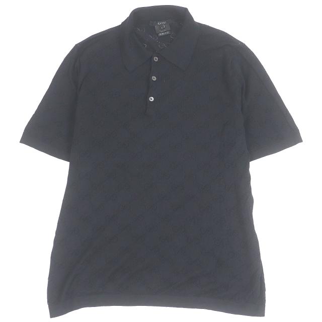 極美品□GUCCI グッチ シルク100％ GGロゴ総柄 薄手 ショートスリーブ 半袖 ニットポロシャツ カットソー ブラック L イタリア製 正規品