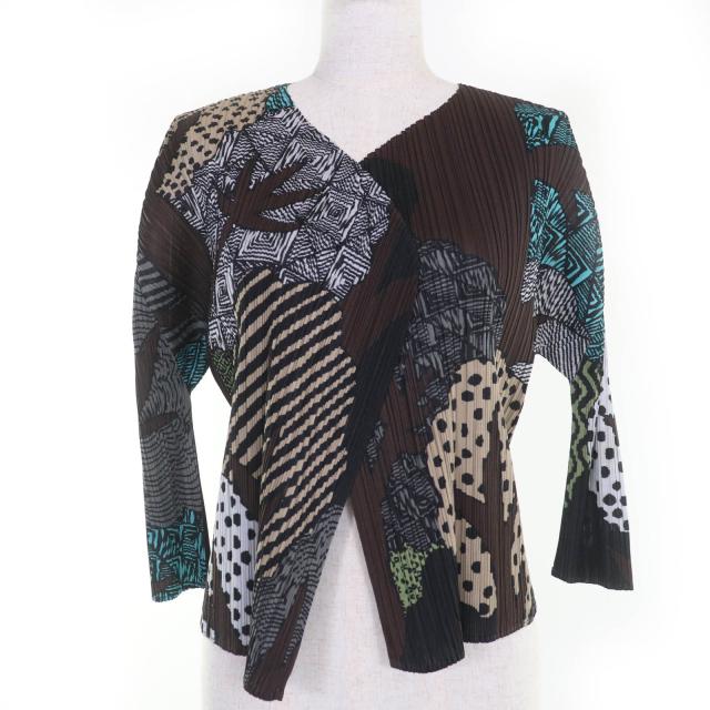 極美品☆PLEATS PLEASE プリーツプリーズ イッセイミヤケ PP33-JO598 総柄デザイン フロントオープン カーディガン 3 正規品 レディース