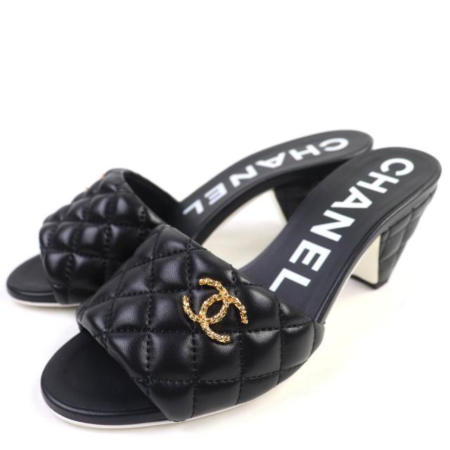 極美品☆CHANEL シャネル G38820  マトラッセ ラムスキン サンダル ミュール ブラック ゴールド金具 36 イタリア製 レディース