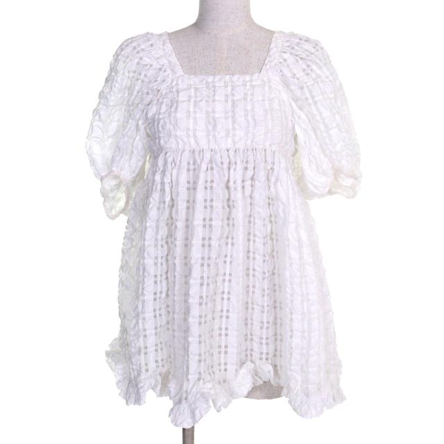 美品△CECILIE BAHNSEN セシリーバンセン J05DL0103 VEGTA BLOUSE 格子柄 パフスリーブ フレア ブラウス ホワイト UK6 日本約Sサイズ相当