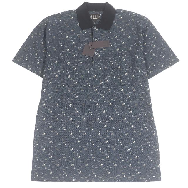 未使用品□Dunhill ダンヒル コットン100% ロゴボタン dロゴ刺繍 夜空 総柄 半袖ポロシャツ ネイビー S 箱付き イタリア製 正規品 メンズ