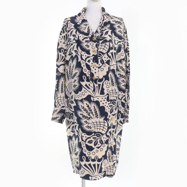 良品☆CHANEL シャネル ヴィンテージ ココマーク柄 90年代 シルク100％ 長袖 ワンピース ベージュ ネイビー 38 仏製 正規品 レディース