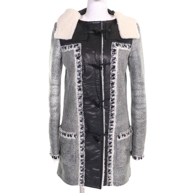 極美品△CHANEL シャネル P42361 レザー使い フード付き ココマークトグルボタン ムートン ダッフルコート ブラック ホワイト系 36 仏製