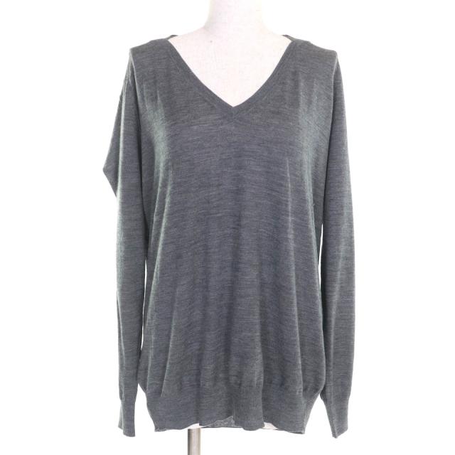 極美品★PRADA プラダ P24Q0U ウール100％ ラインストーン付 バックリボン Vネック 長袖 ニット グレー 40 箱付き イタリア製 正規品