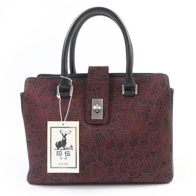 極美品☆indiёn印傳 印伝 本漆 鹿革 3室構造 ハンドバッグ レッド ブラック シルバー金具 レディース